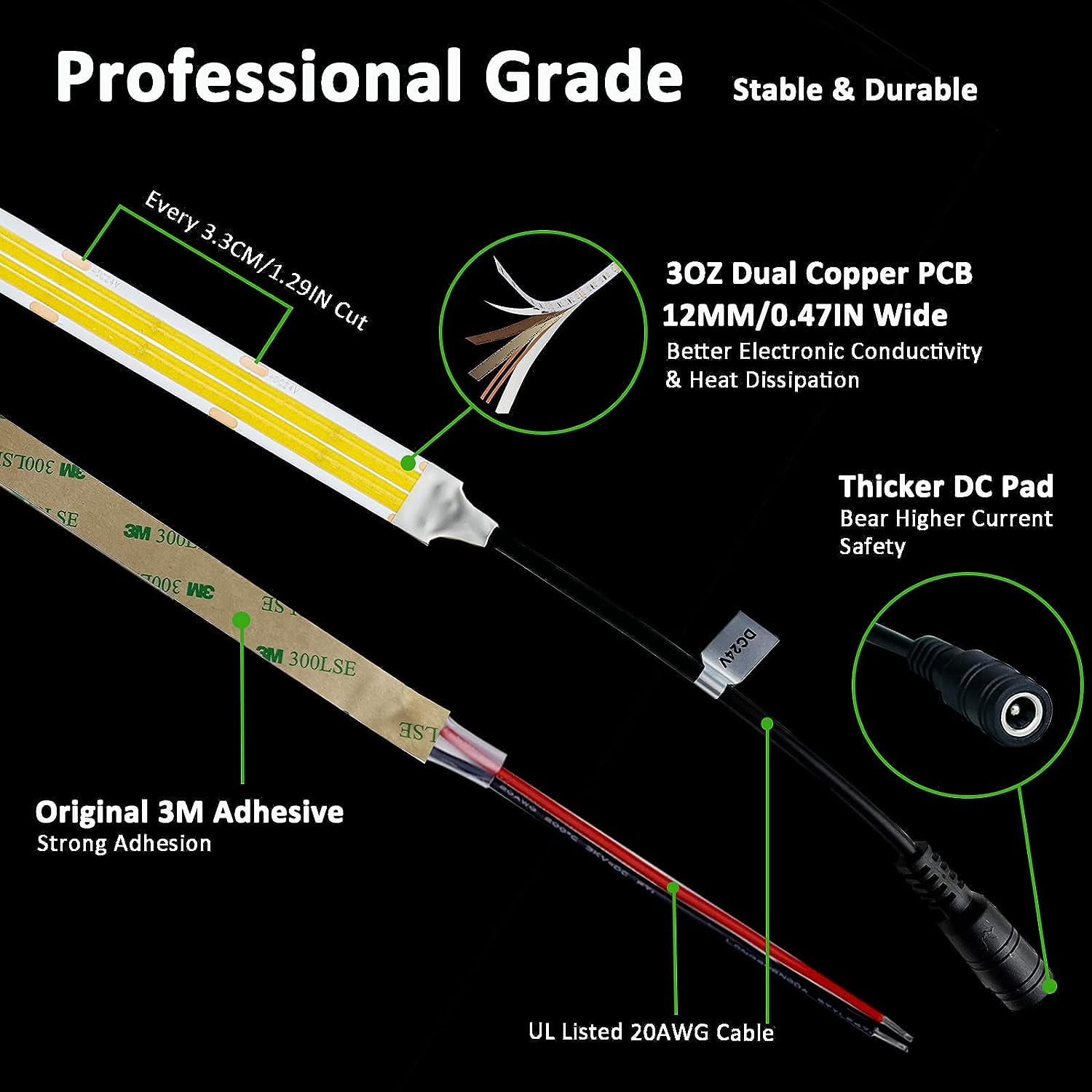 24V COB LED Strip Lights 3000K Warm White Dual Row 16.4ft 920LM/FT ...