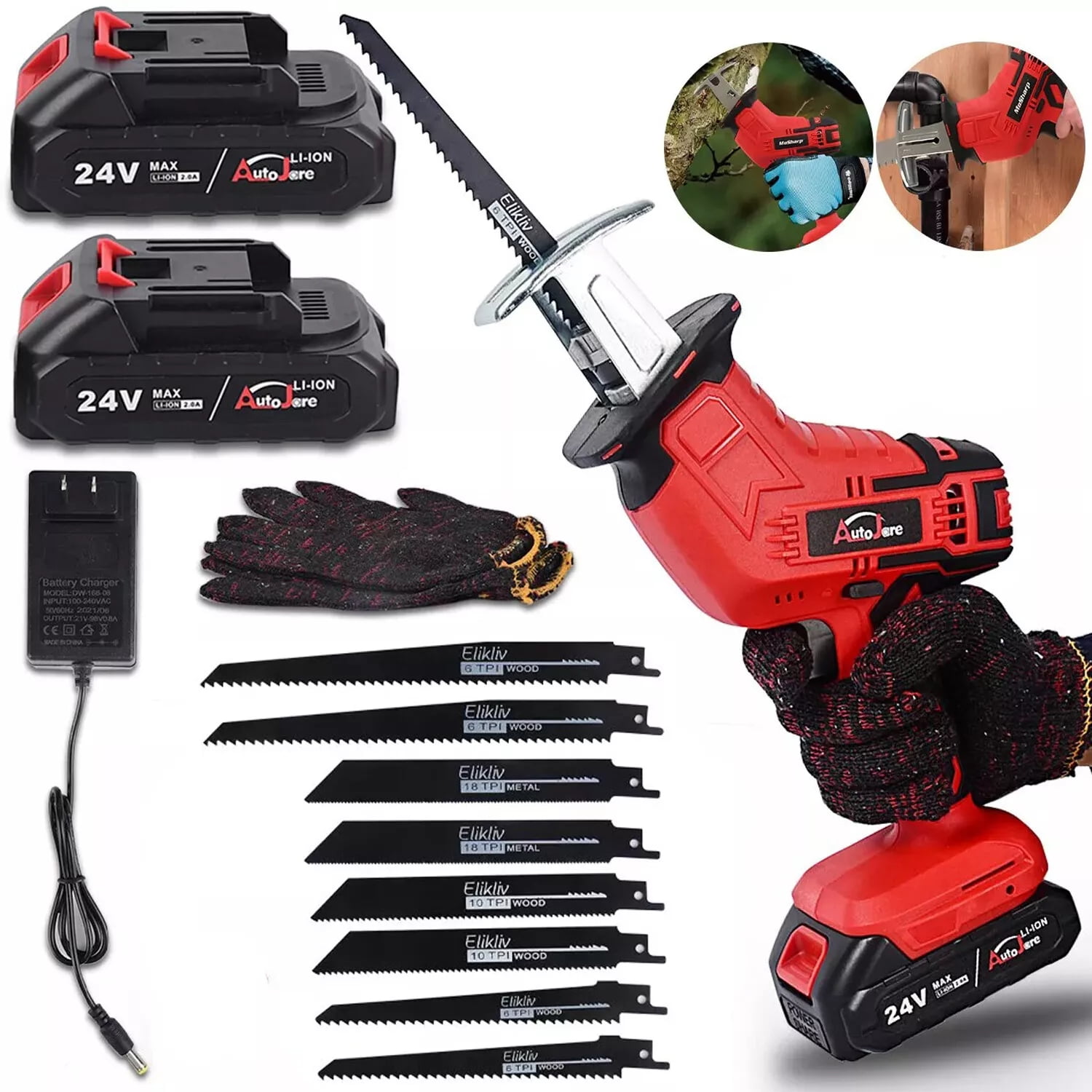 24V Cordless Reciprocating Saw,Electric Hand Saw Cordless with 2 ...