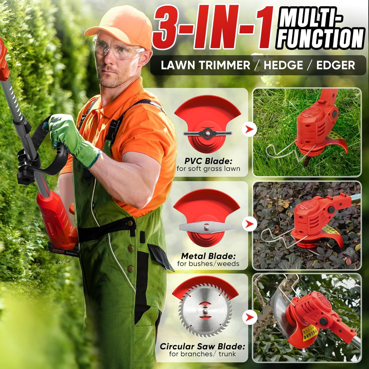 24V Cordless Weed Wacker, 3-in-1 Electric Weed Eater Grass String ...