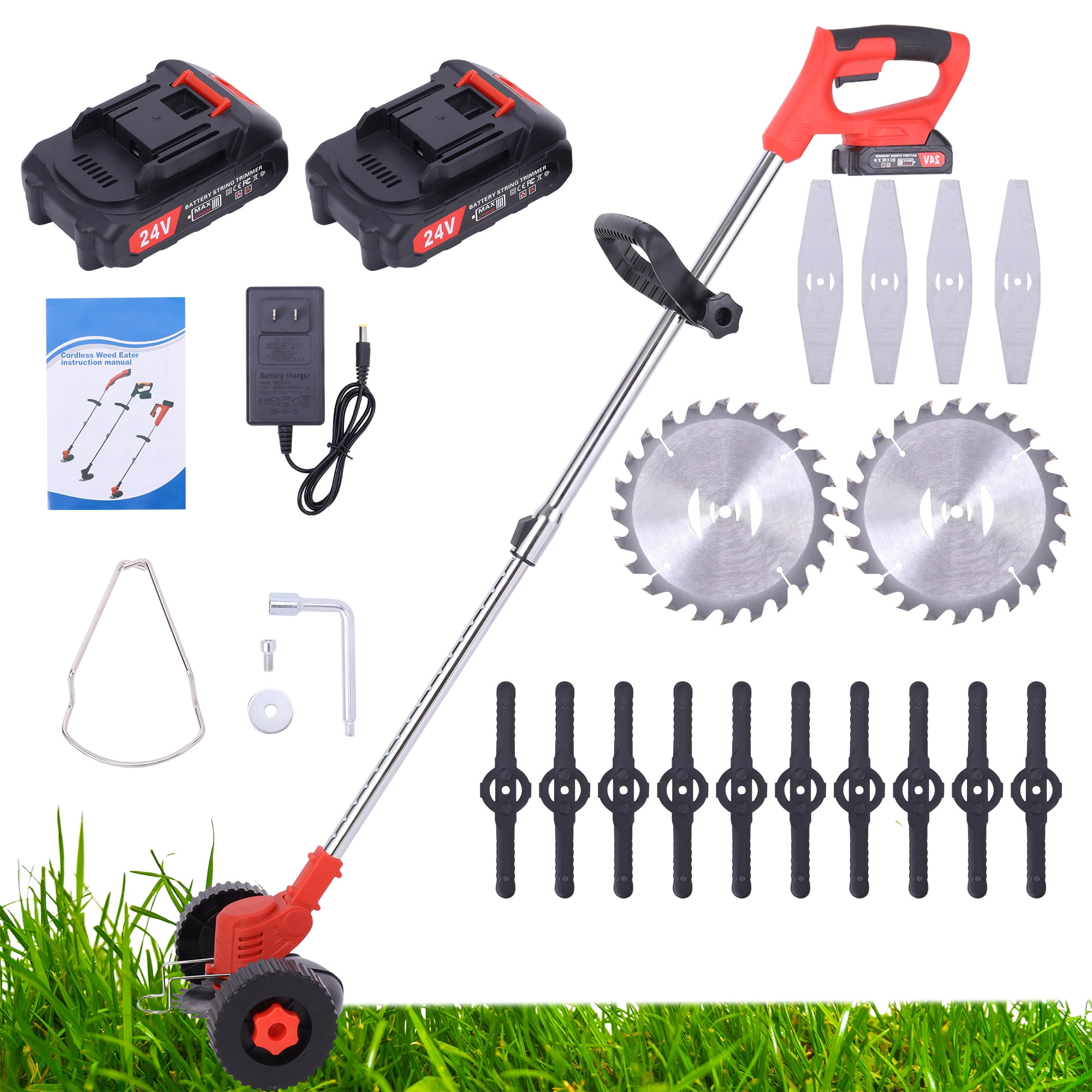 24V Electric Grass Edger & Trimmer with Wheels, 2 Batteries for Yard ...