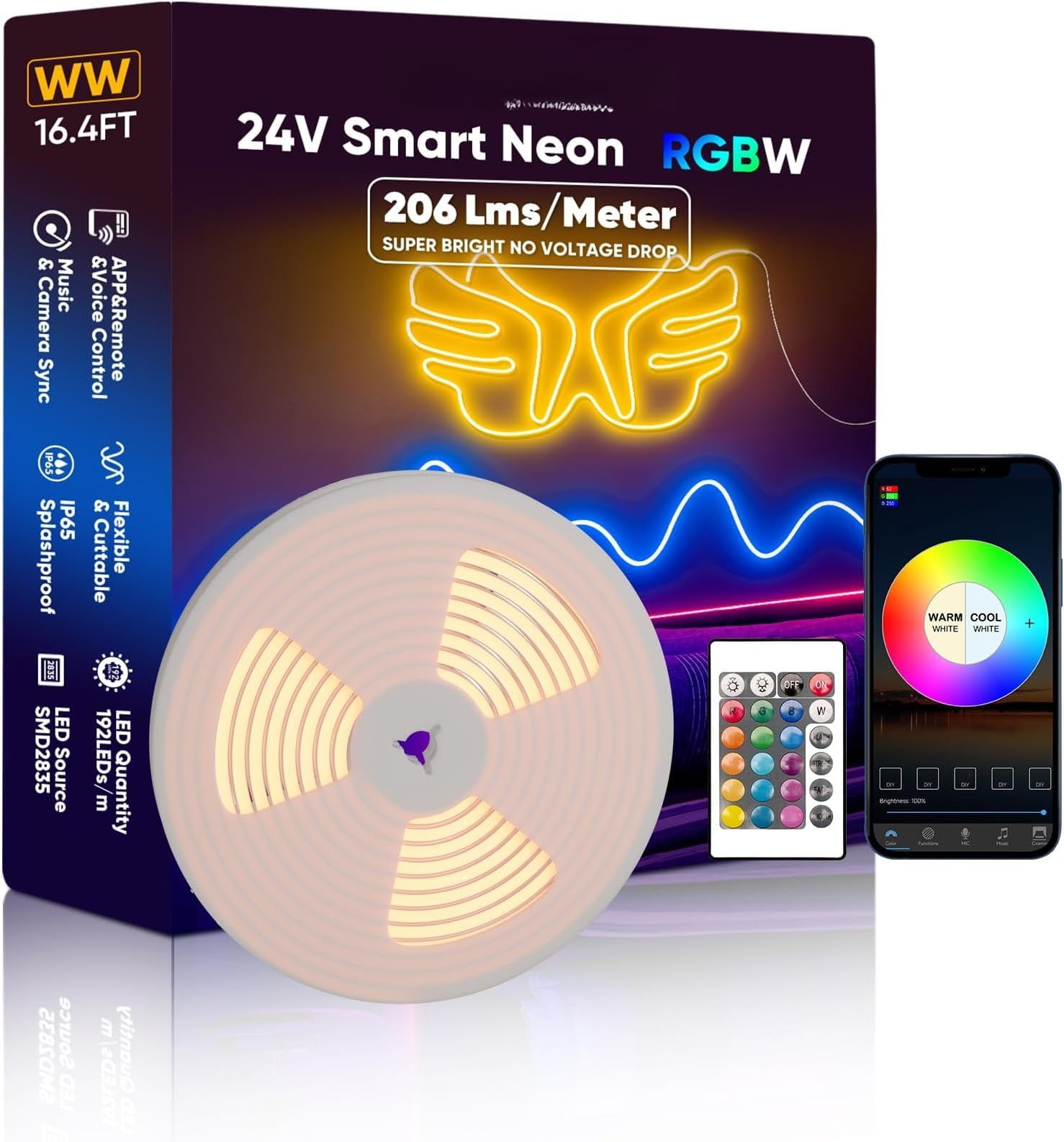 24V Neon Rope Lights, RGBW Neon Light Remote APP WiFi Control Music ...