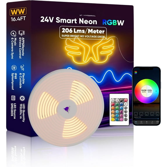 24V Neon Rope Lights, RGBW Neon Light Remote APP WiFi Control Music ...