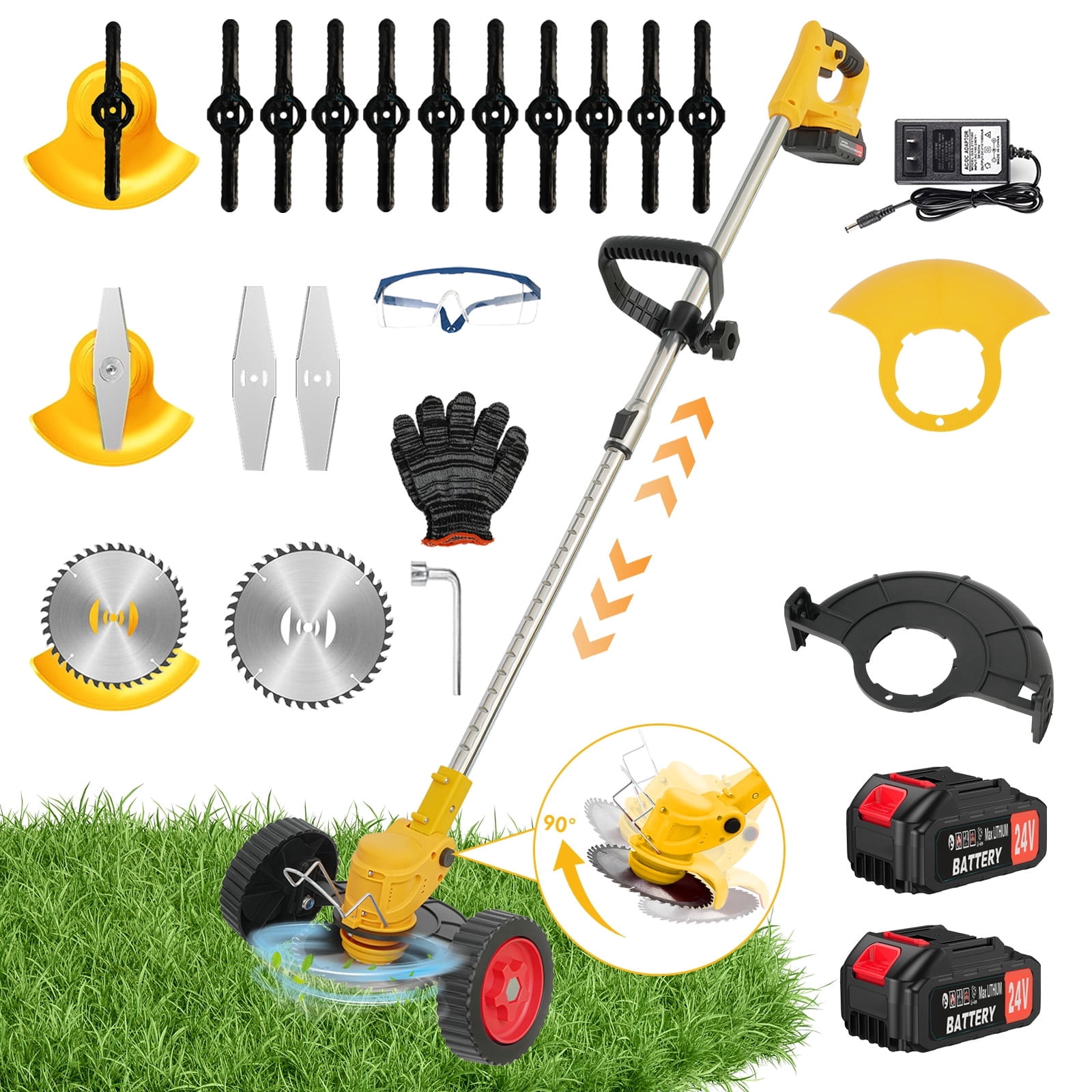 24V Weed Wacker Cordless,3-in-1 Weed Eater with Wheels,3 Types Blades,2 ...