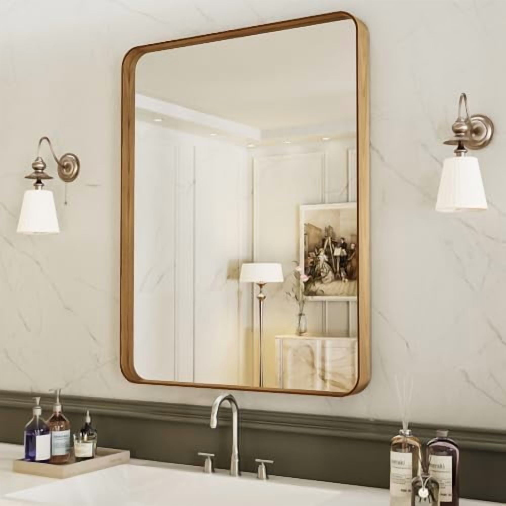 24X32 Inch Bathroom Mirror with Wood Grain Colored Metal Frame, Rounded ...