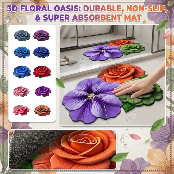 24X36 Inch 3D Floral Non-Slip Mat, Ultra Absorbent & Wear-Resistant ...