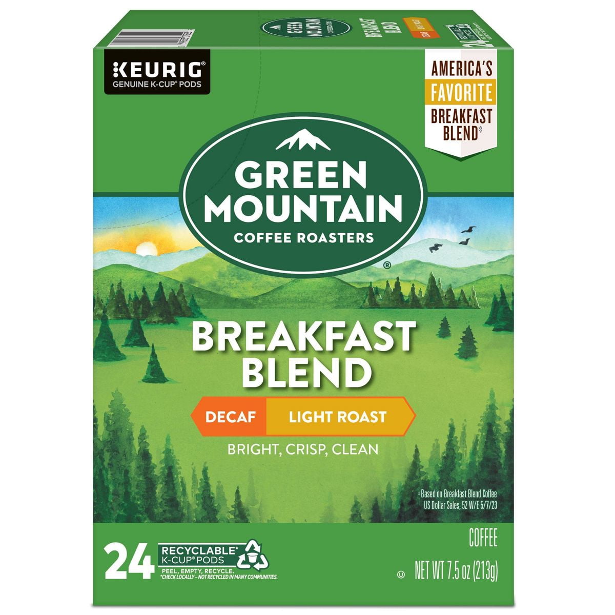 24ct Green Mountain Coffee Breakfast Blend Decaf Keurig K-Cup Coffee Pods Decaffeinated Light ...