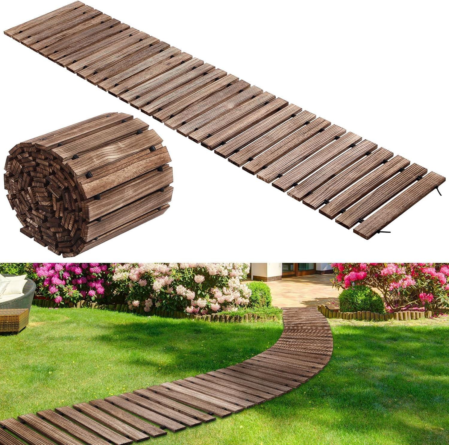 24ft Wooden Garden Pathway with Non Slip Surface Roll Out Boardwalk ...