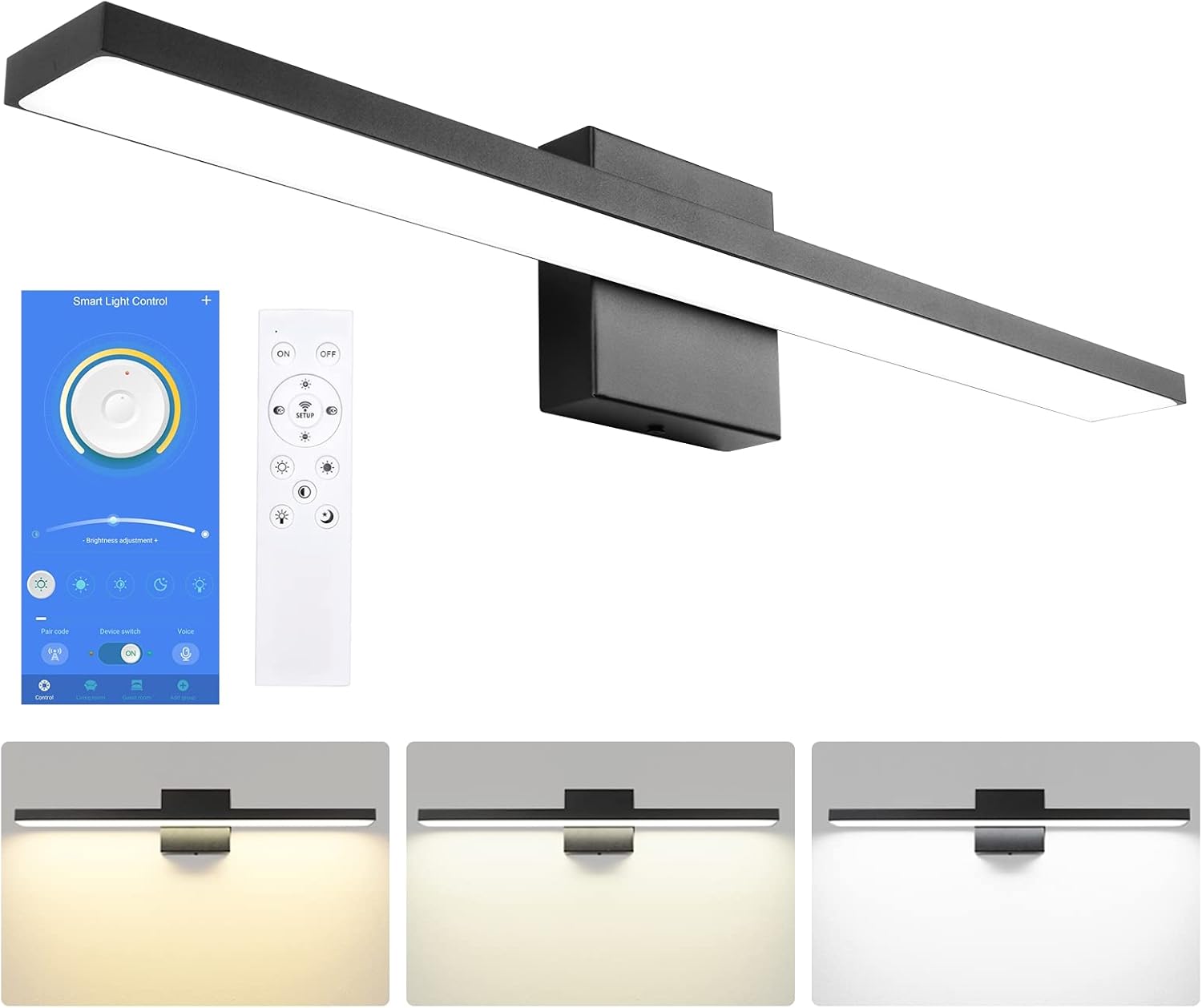 24in/20W APP and Remote Control Dimmable Modern Black Vanity Light with ...