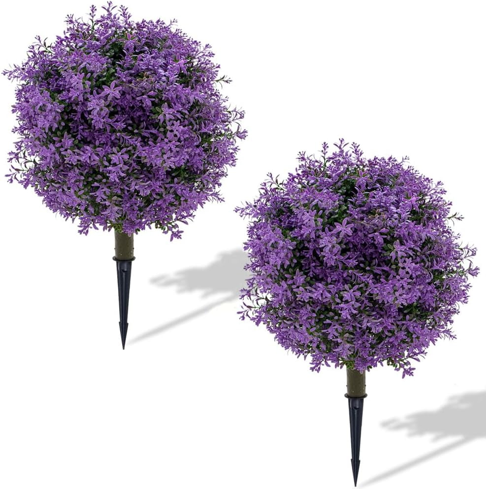 24in Artificial Boxwood Ball Topiary Trees with Metal Ground Spikes, 2 ...