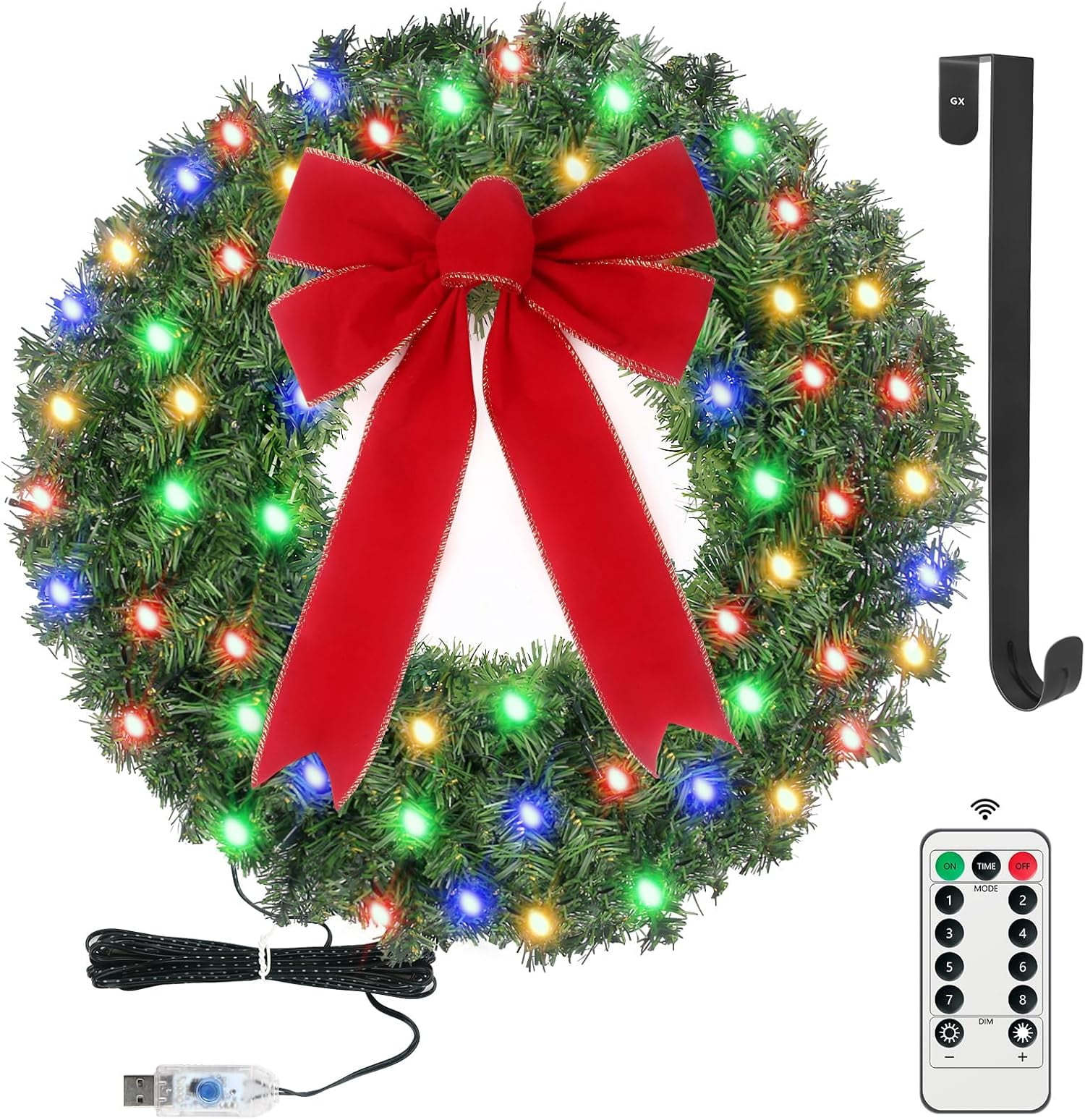 24in Pre Lit Christmas Wreath with Lights & Timer & Remote - 50 Multi ...