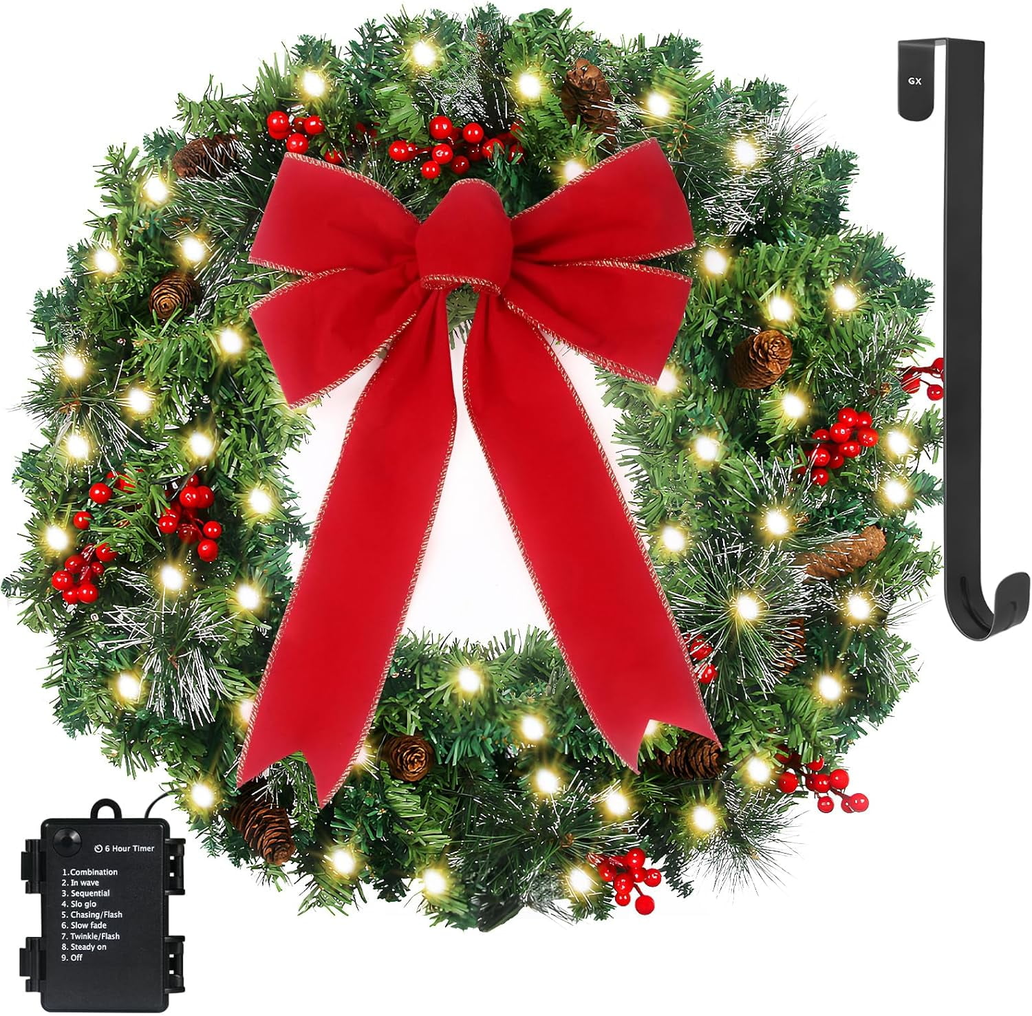 24in Prelit Christmas Wreath for Front Door - Timer, 8 Light Modes ...