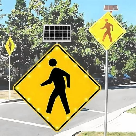 24in Solar Pedestrian Crossing Sign Flashing LED Highlight Road Traffic ...