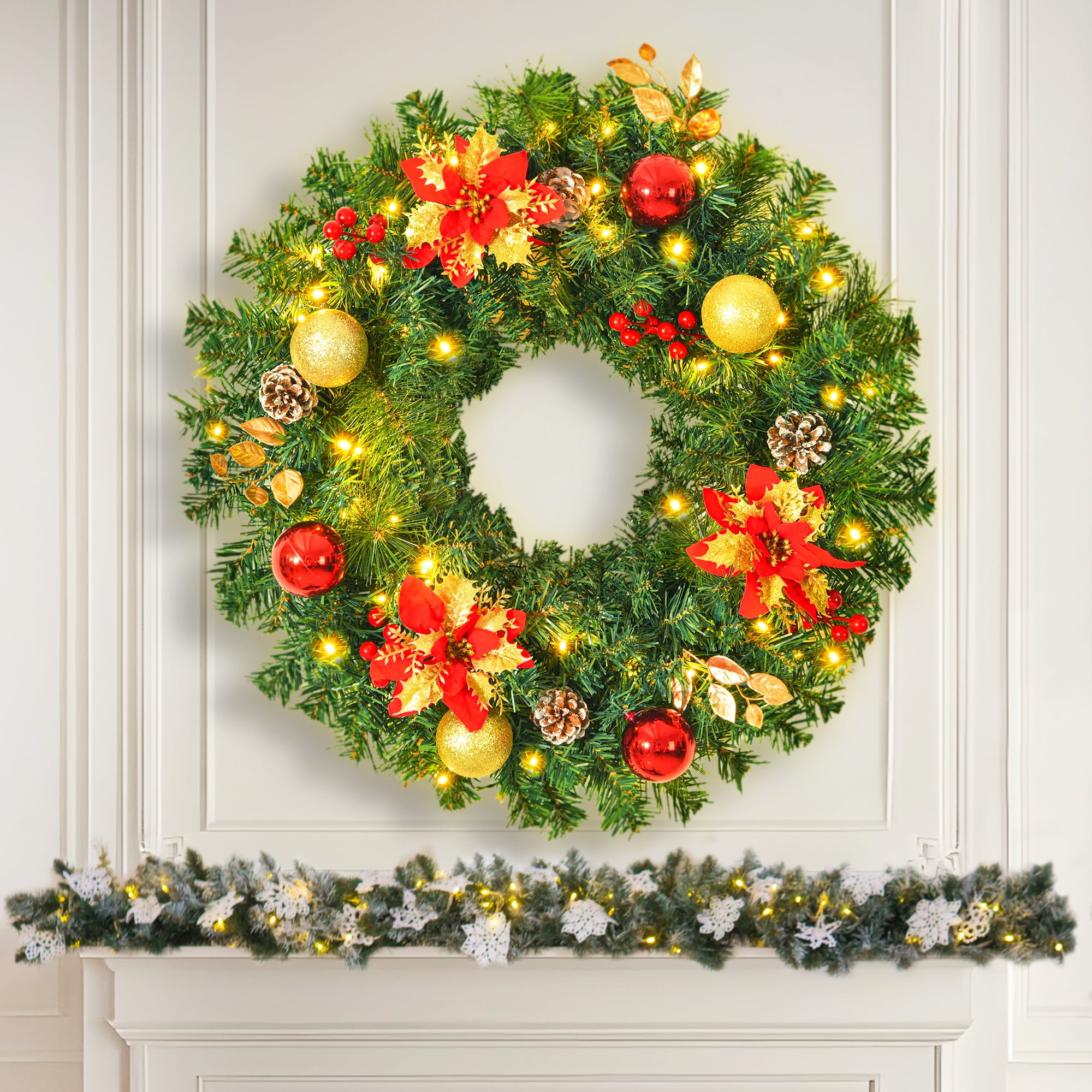 24inch/28inch Extra Large Pre-lit Christmas Wreath 8 Modes Lighting ...