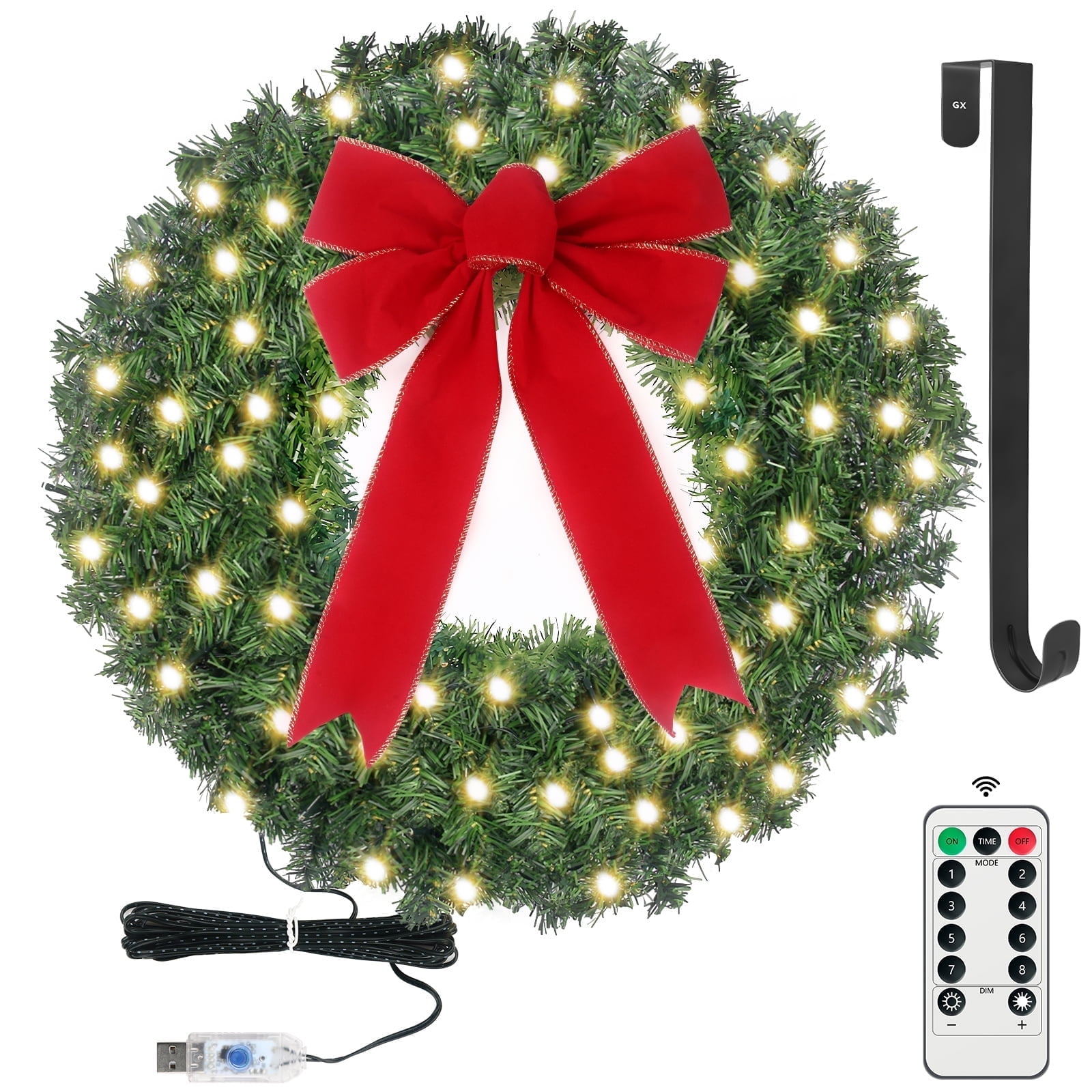 24inch Christmas Wreath Prelit Warm White USB Lights with Hanger and ...