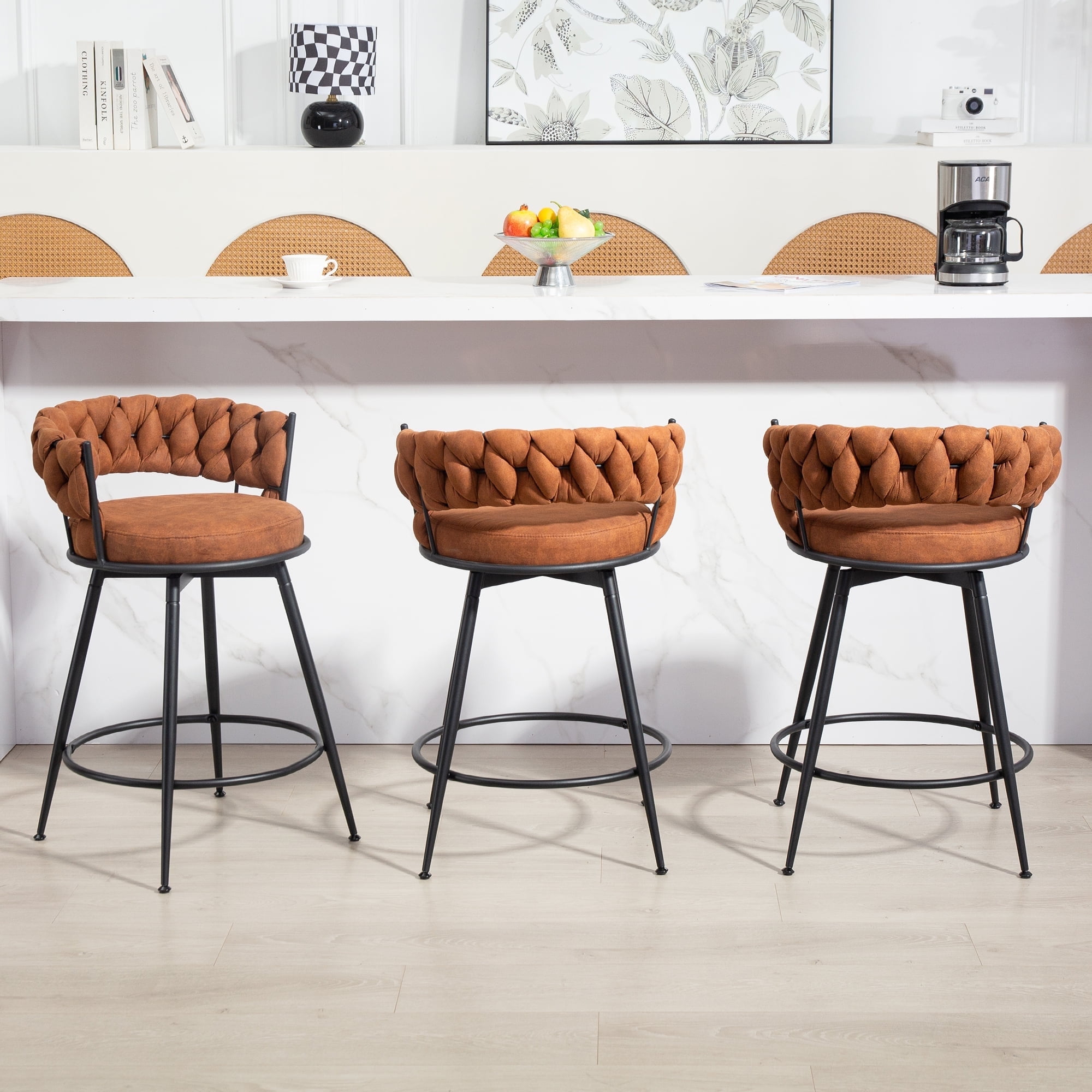 24inch Counter Height Bar Stool, 360° Swivel Metal Frame with Woven ...