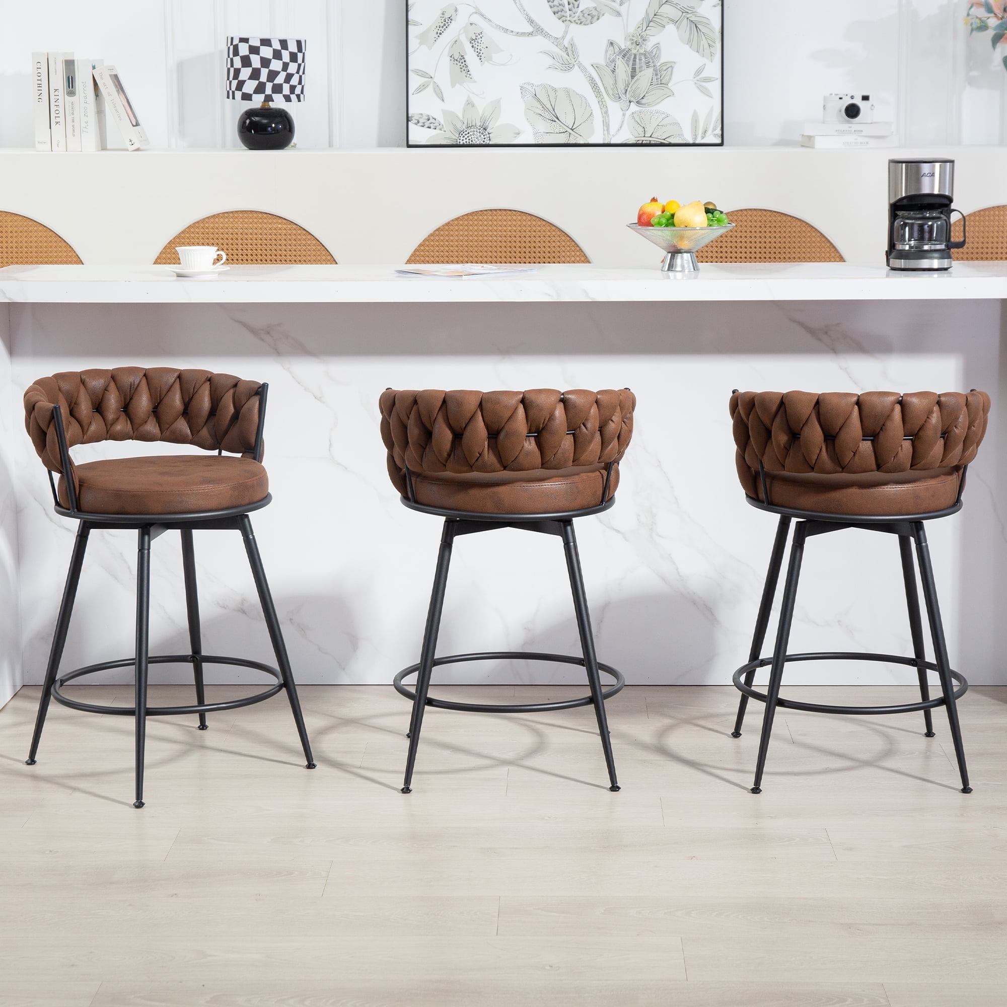 24inch Counter Height Bar Stool, 360° Swivel Metal Frame with Woven ...