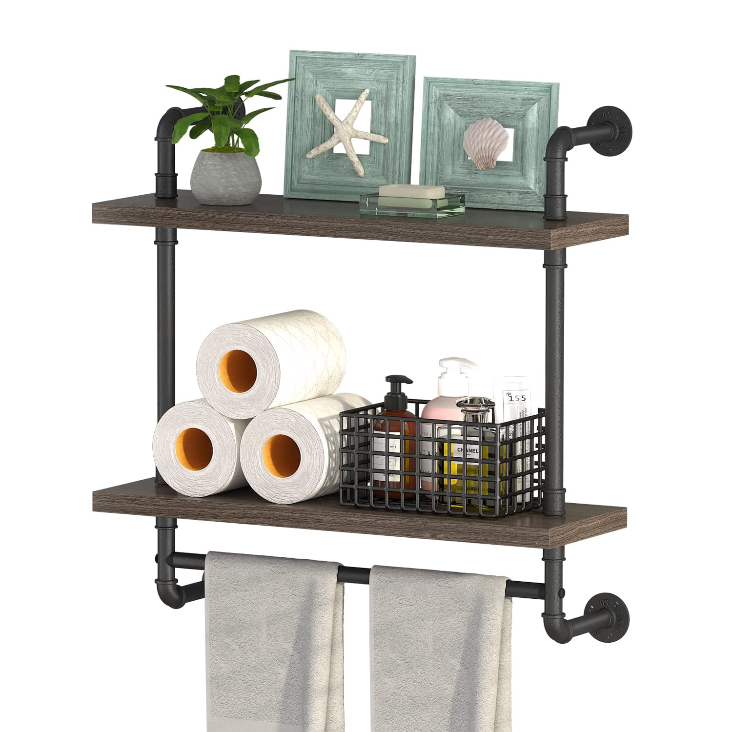24inch Grey 2 Tier Industrial Pipe Wall Mounted Floating Shelves ...