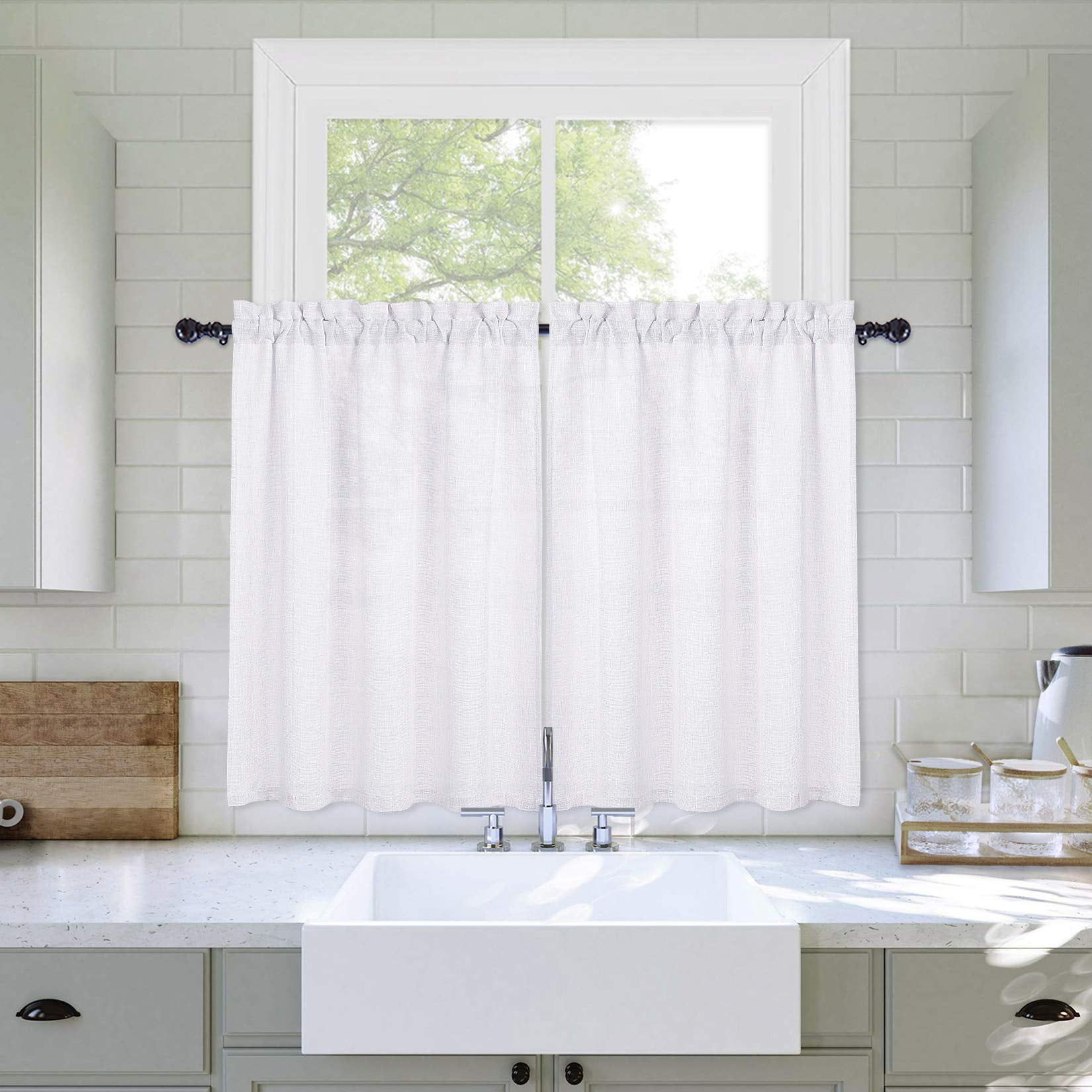 Tzou 24inch Farmhouse Linen Textured Curtains for Kitchen & Bathroom ...