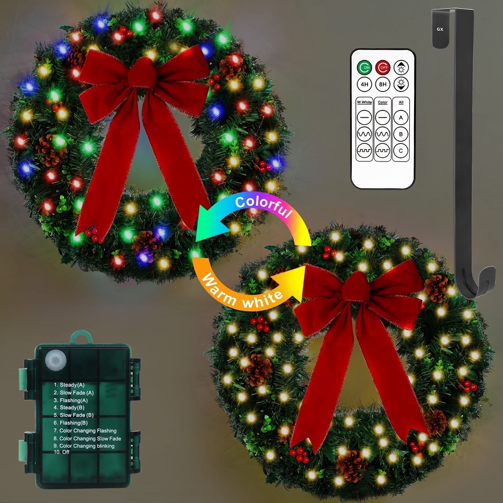 24inch Prelit Christmas Wreath Battery Operated with 50 LED Lights ...