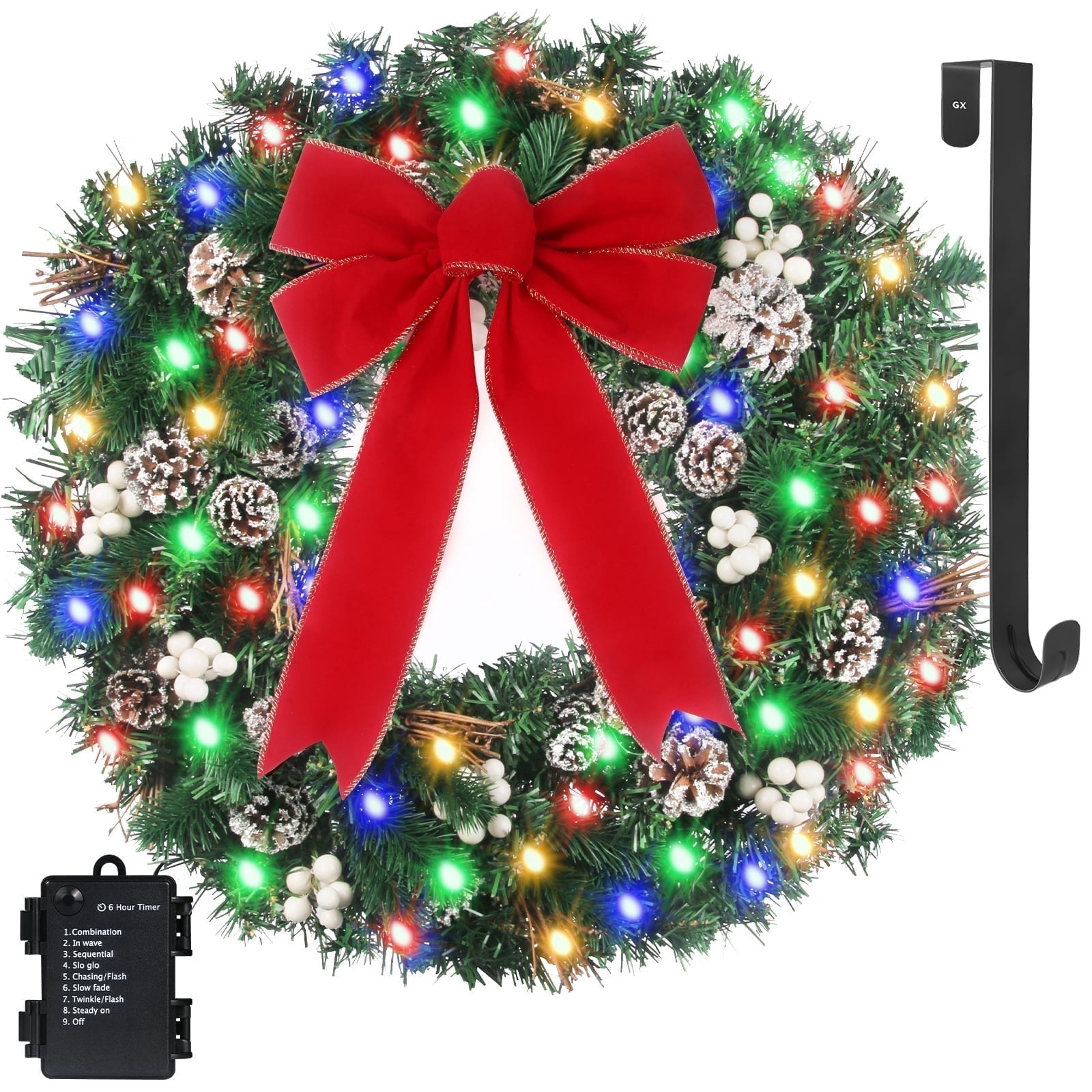 24'' LED-lit Christmas Wreath, Outdoor, Battery Operated, Pinecone ...
