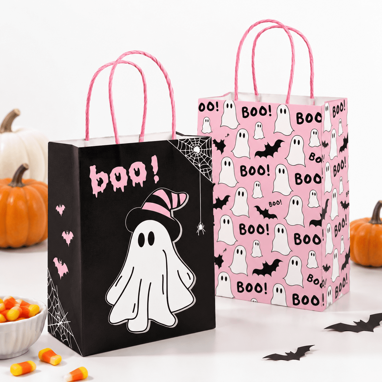 24little Boo Paper Gift Bags With Handles Black Pink Ghost Bat Print ...
