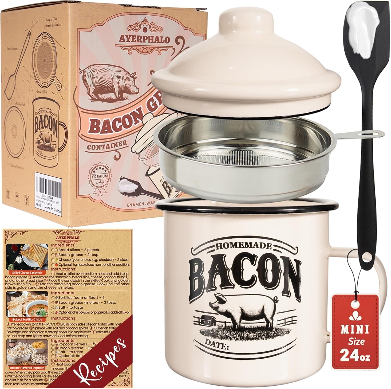 24oz Bacon Grease Container with Strainer - Enamel Rustic Farmhouse Fat ...
