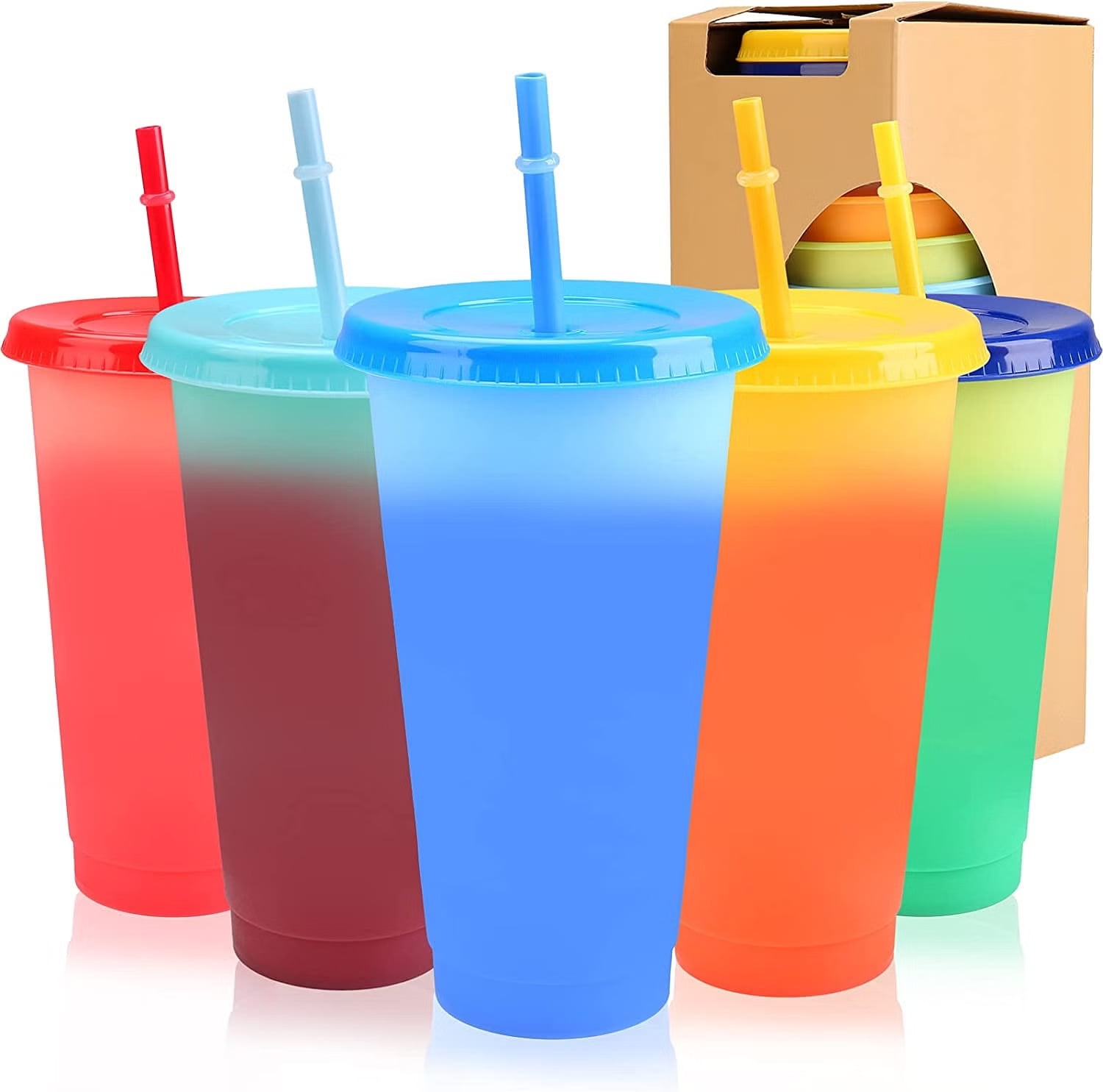 24oz Color Changing Cups with Lids and Straws, Boriyuan 5 Pcs Plastic ...