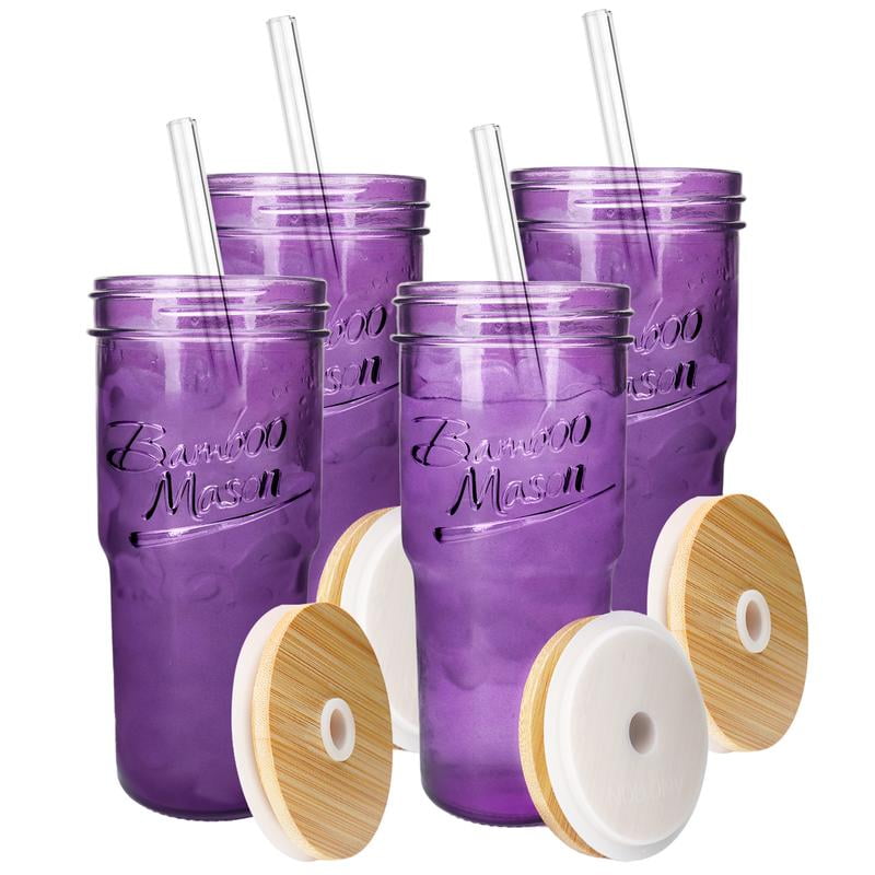 24oz Colored Glass Cups with Bamboo Lids and Straws -Travel Coffee Mug ...