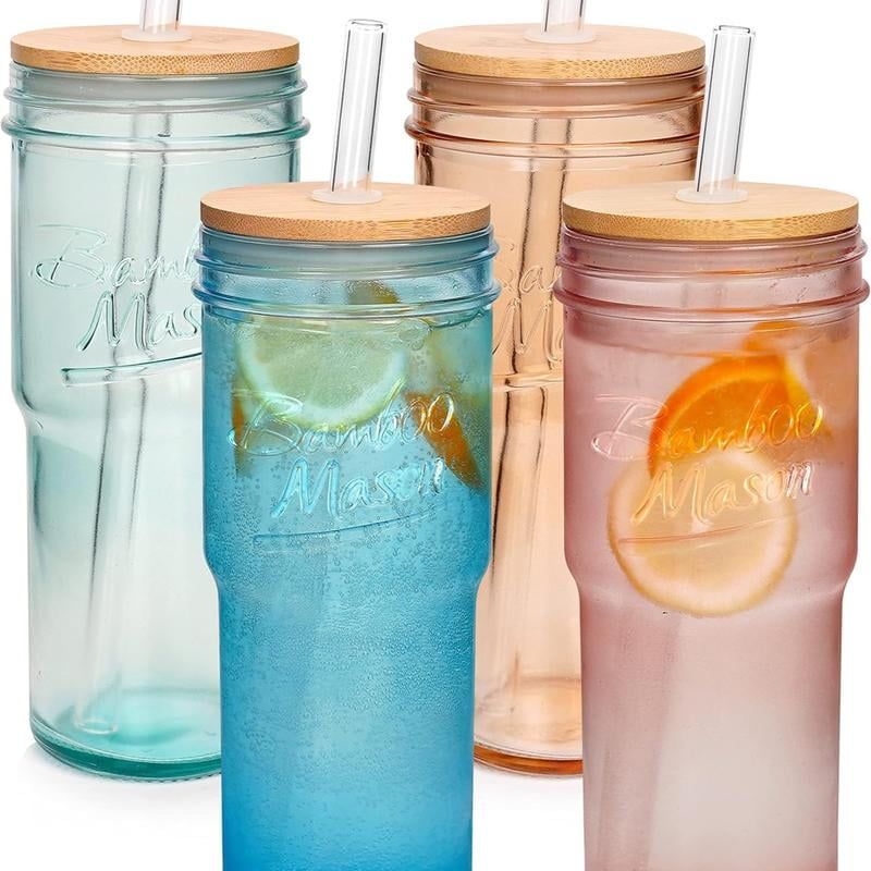 24oz Colored Glass Cups with Bamboo Lids and Straws - Travel Coffee Mug ...