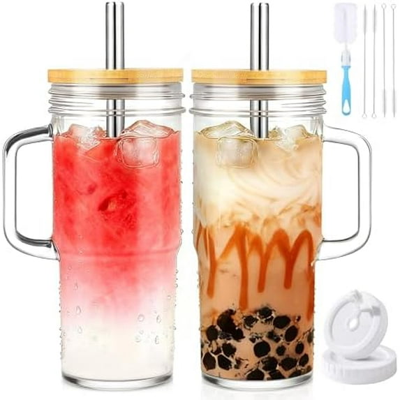 24oz Glass Cups with Lids and Straws,Glass Tumbler with Handle,2 set ...