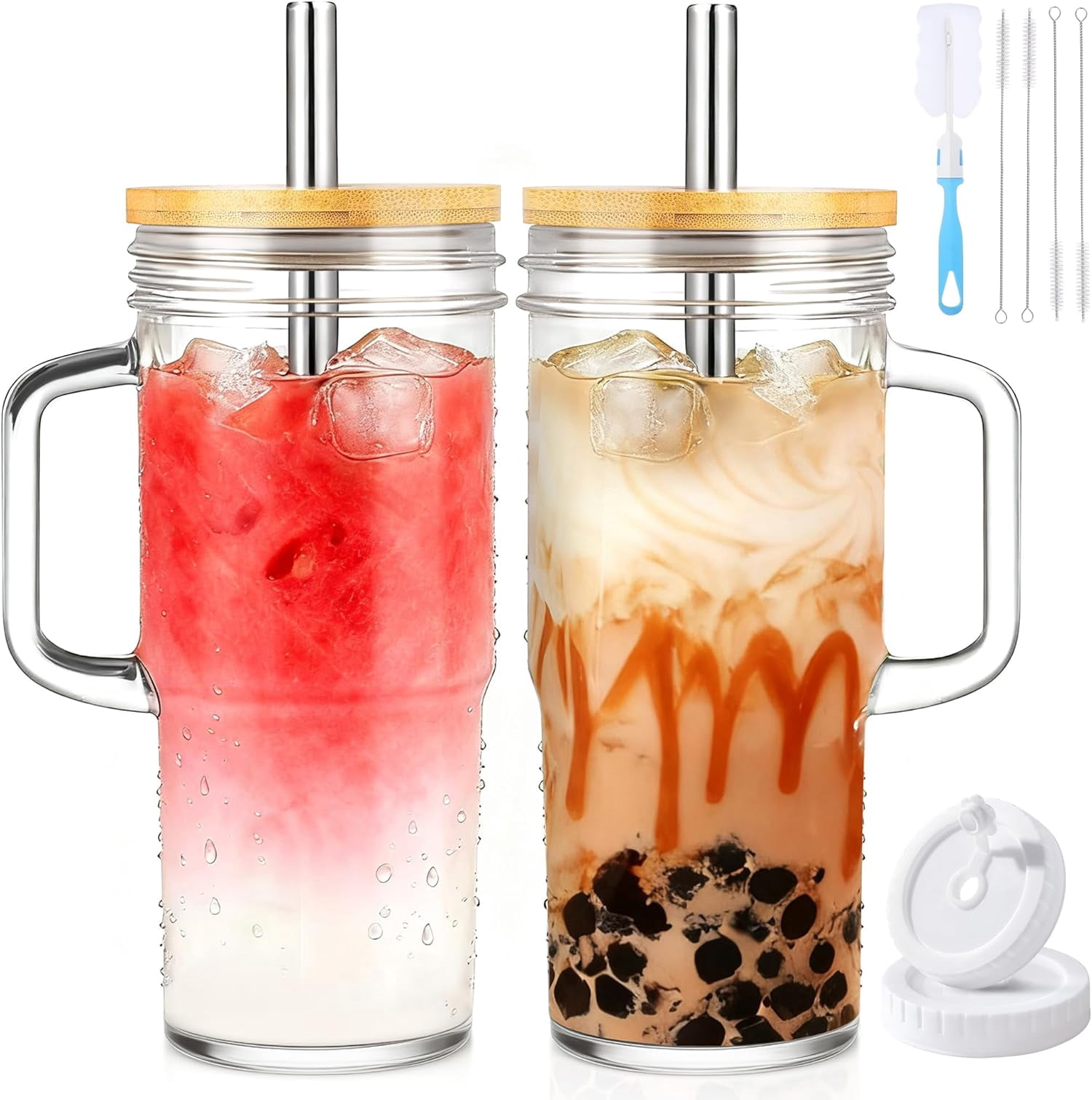 24oz Glass Cups with and Straws,Glass Tumbler with Handle,2 set- Glass ...