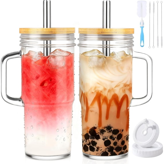 24oz Glass Cups with and Straws,Glass Tumbler with Handle,2 set- Glass ...