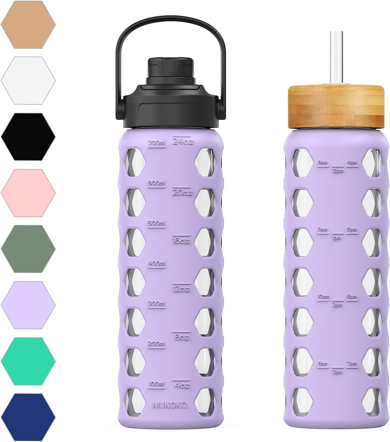 24oz Glass Water Bottle with 2 Lids-Handle Flip Lid&Bamboo Straw Lid ...