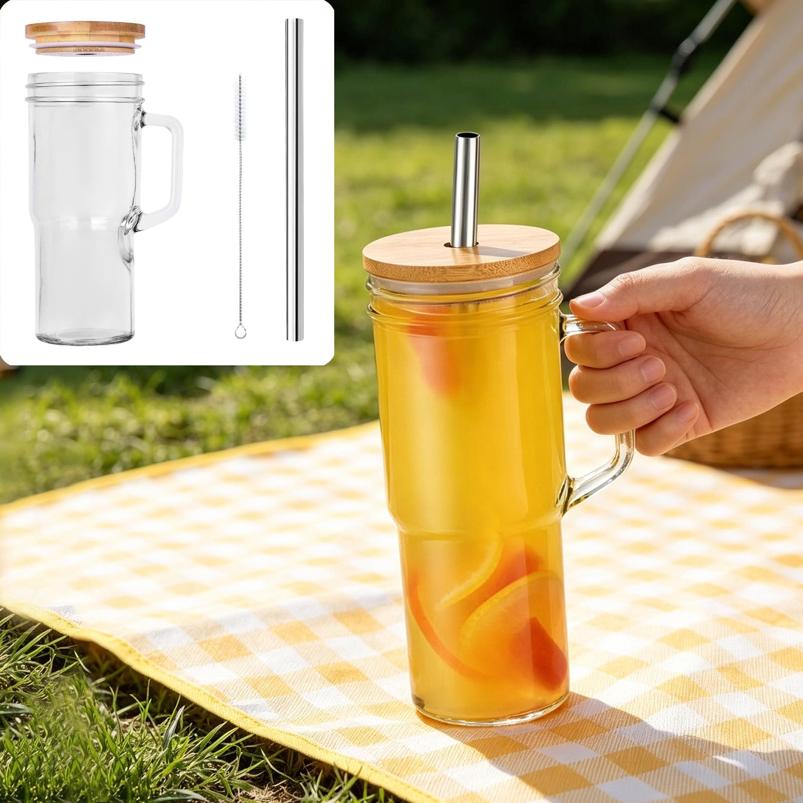 24oz Glass Water Cup With Handle and Lid, 700ml Clear Drinking Glass ...