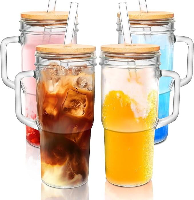 24oz Mason Jar with Handle-Glass Tumbler with Lid and Straw Wide Mouth Reusable Drinking Glasses ...