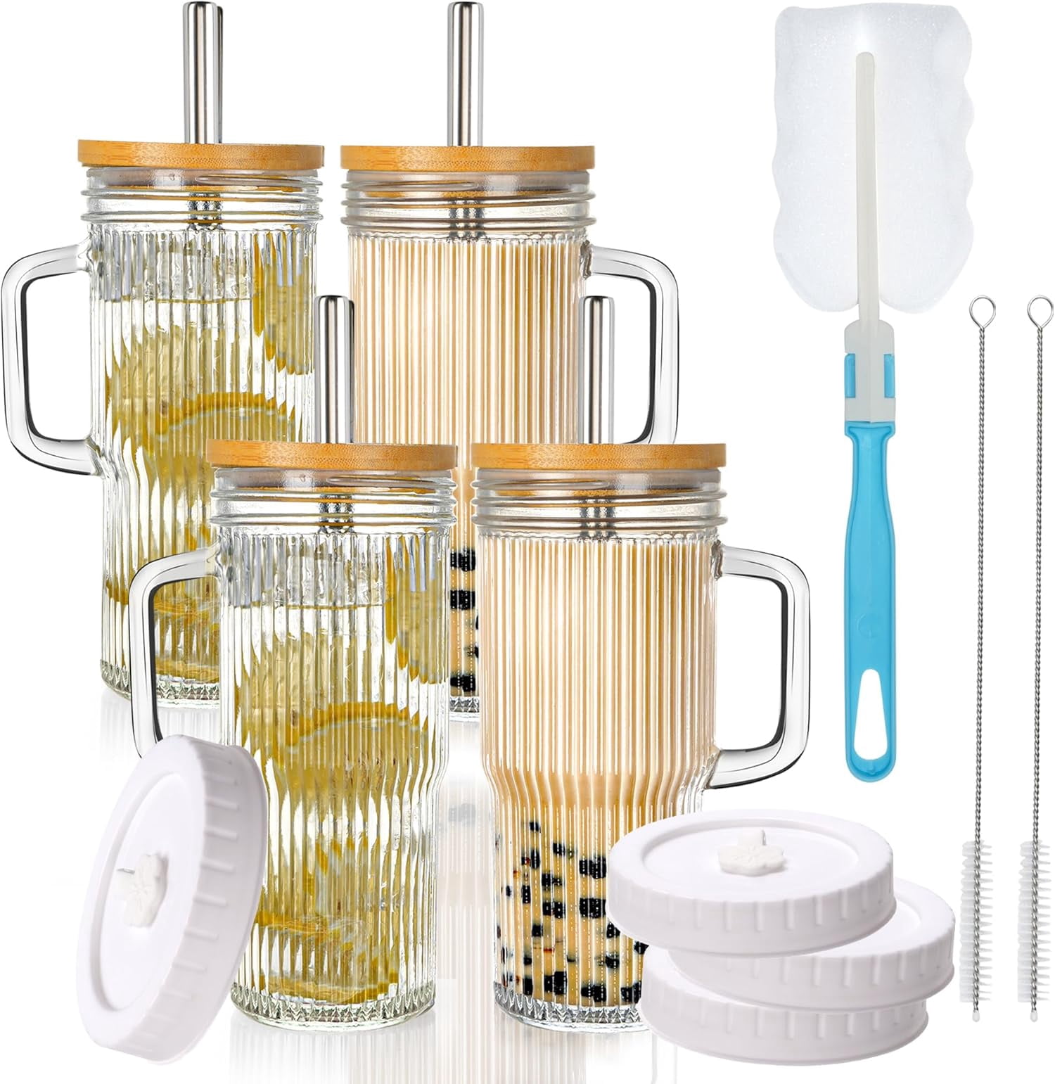 24oz Ribbed Glass Tumbler With Handle,4Pack Glass Cup with and Straws ...