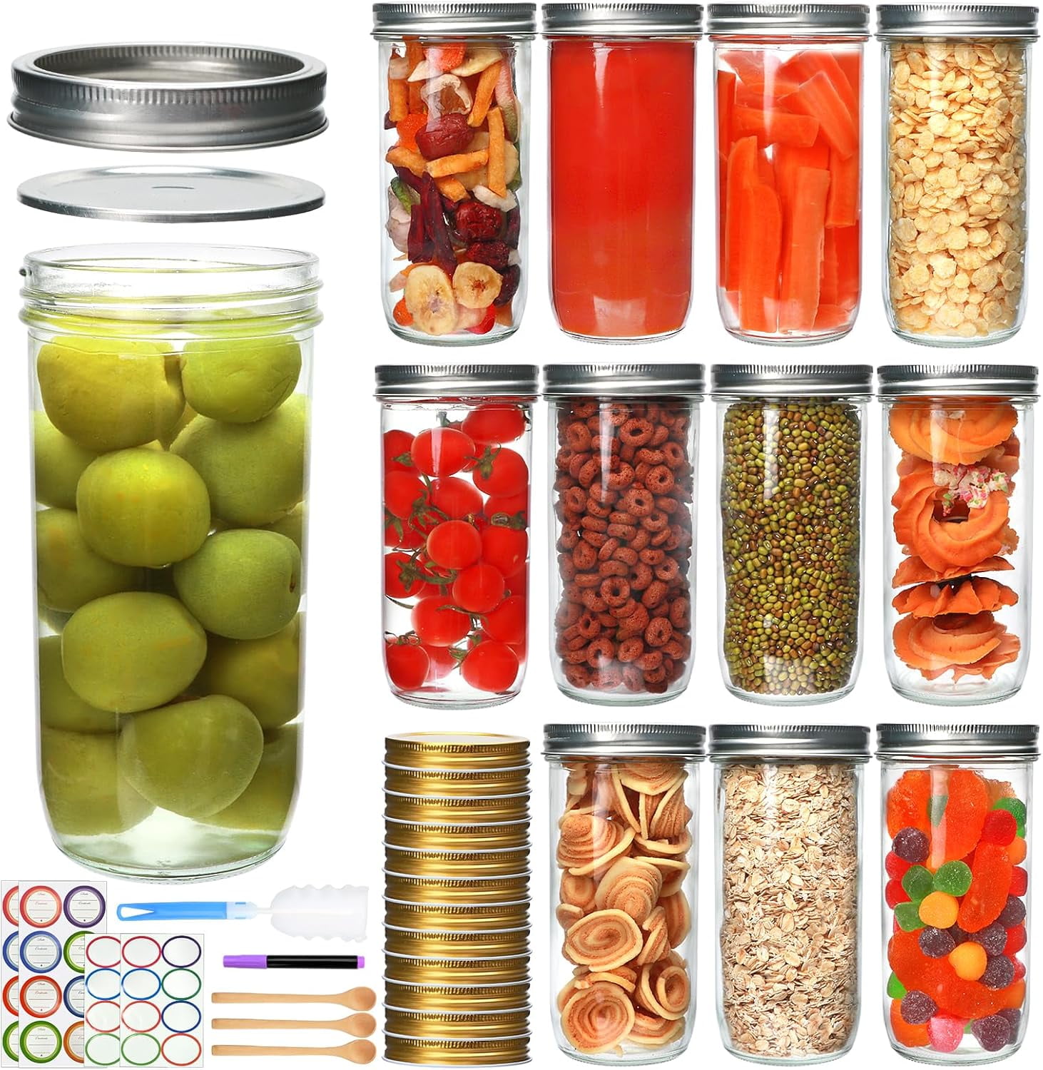 24oz Wide Mouth Mason Jars, Glass Food Storage Airtight Lids and Bands ...