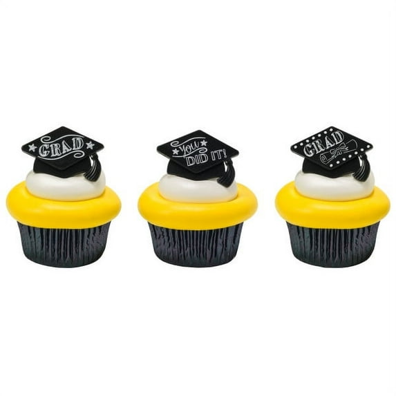 24pack Black Grad Cap Cupcake / Desert / Food Decoration Topper Rings ...