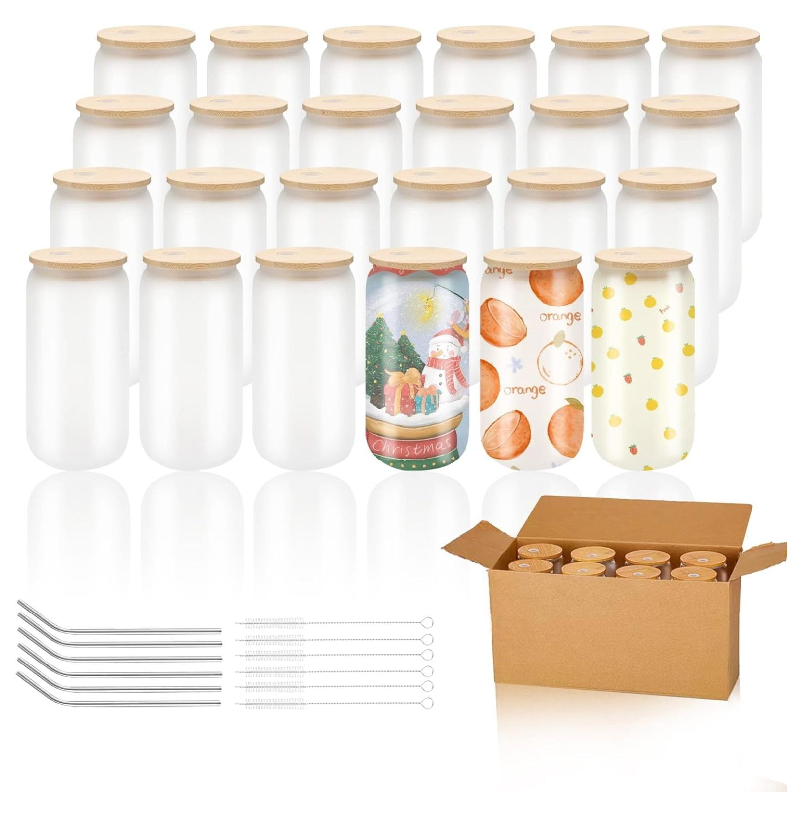24pack Sublimation Glass Cans Blanks Frosted with bamboo lid water jars ...