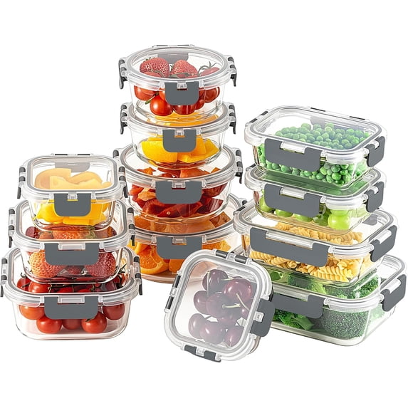 24pc Borosilicate Glass Food Storage Containers with Snap Locking Lids ...
