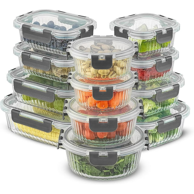 24pc Fluted Glass Storage Containers with Lids. 12 Airtight, Freezer ...