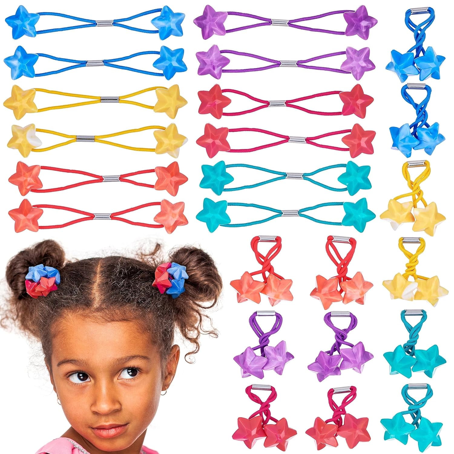 24pc Ponytail Balls Hair Elastics,Star-Shaped Multicolored Twin Hair ...