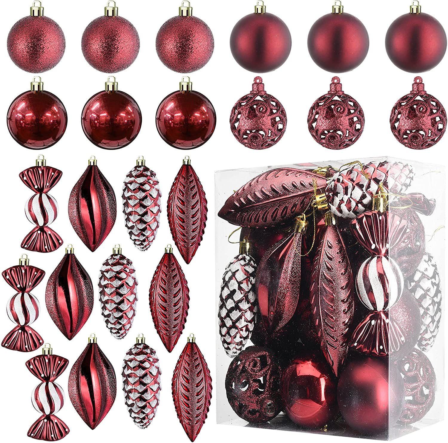 Restored 24pc Wine Red Shatterproof Christmas Tree Ornaments with ...