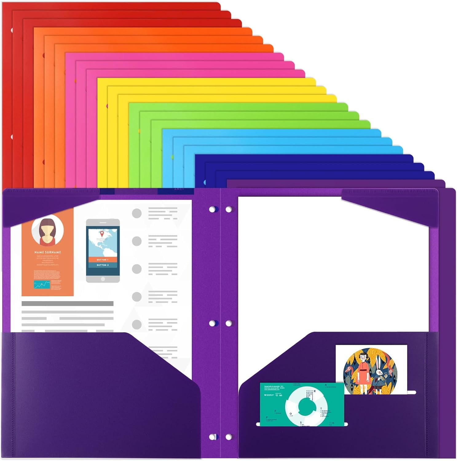 24pcs 3 Hole Punched Plastic Folders for 3 Ring Binder - Poly Pocket ...