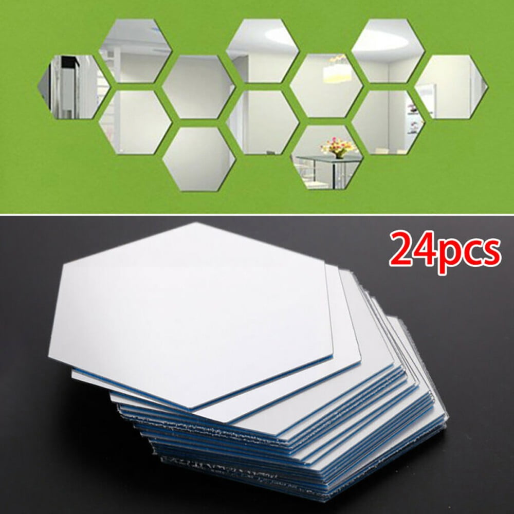 24Pcs 3D Hexagon Mirror Wall Sticker Art Tile Decal Home Living Room ...