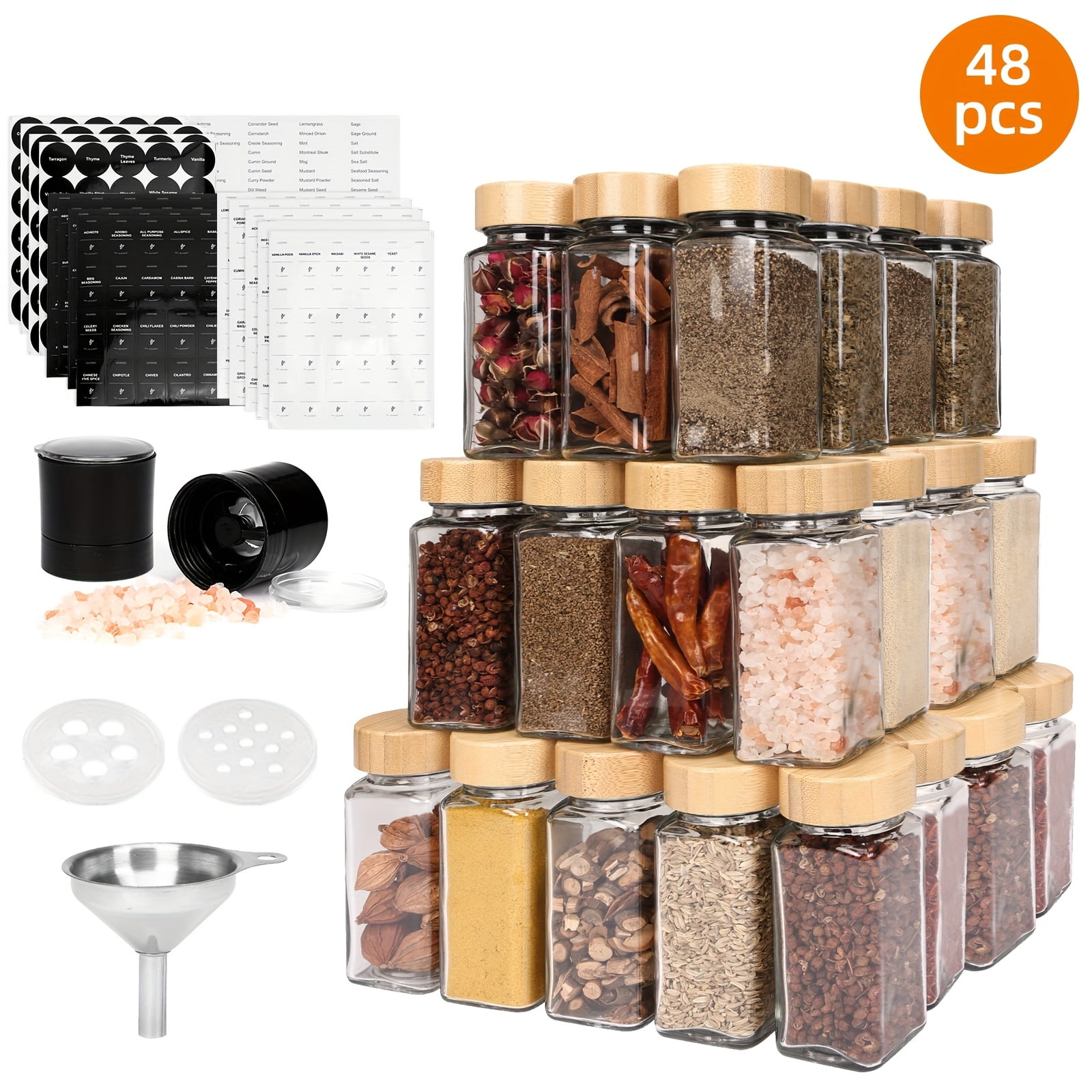 24pcs/48pcs Glass Spice Jars with Label, Bamboo Spice Jar Set 4oz ...
