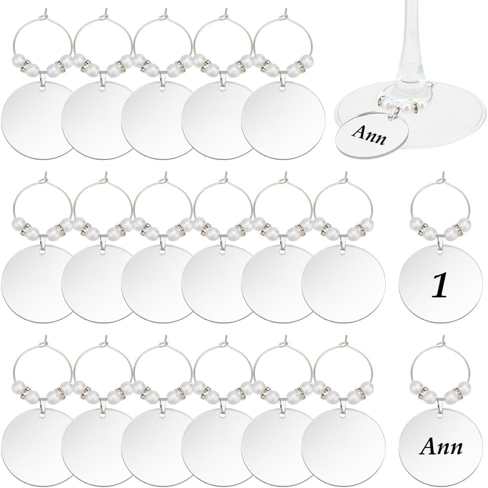24pcs Acrylic Wine Glass Charms Sliver Wine Glass Name Tags Round Drink ...