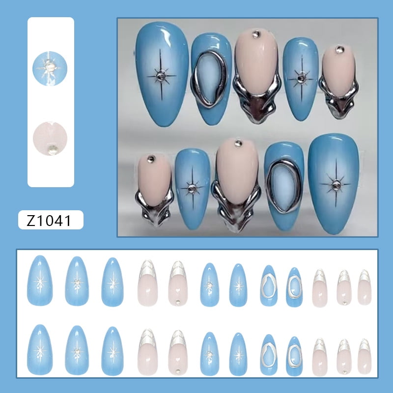 24pcs Blue Ocean Series False Nails Aurora Mermaid Shell Pearl Design ...