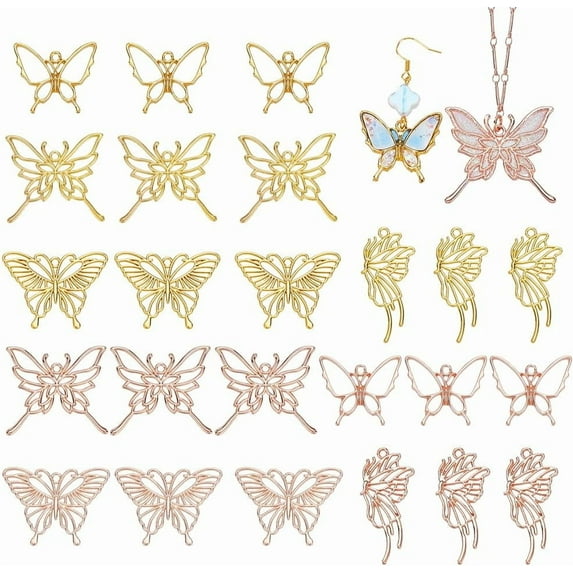 24pcs Butterfly Open Back Bezel Charms 8 Styles Frame Pendants Hollow ...