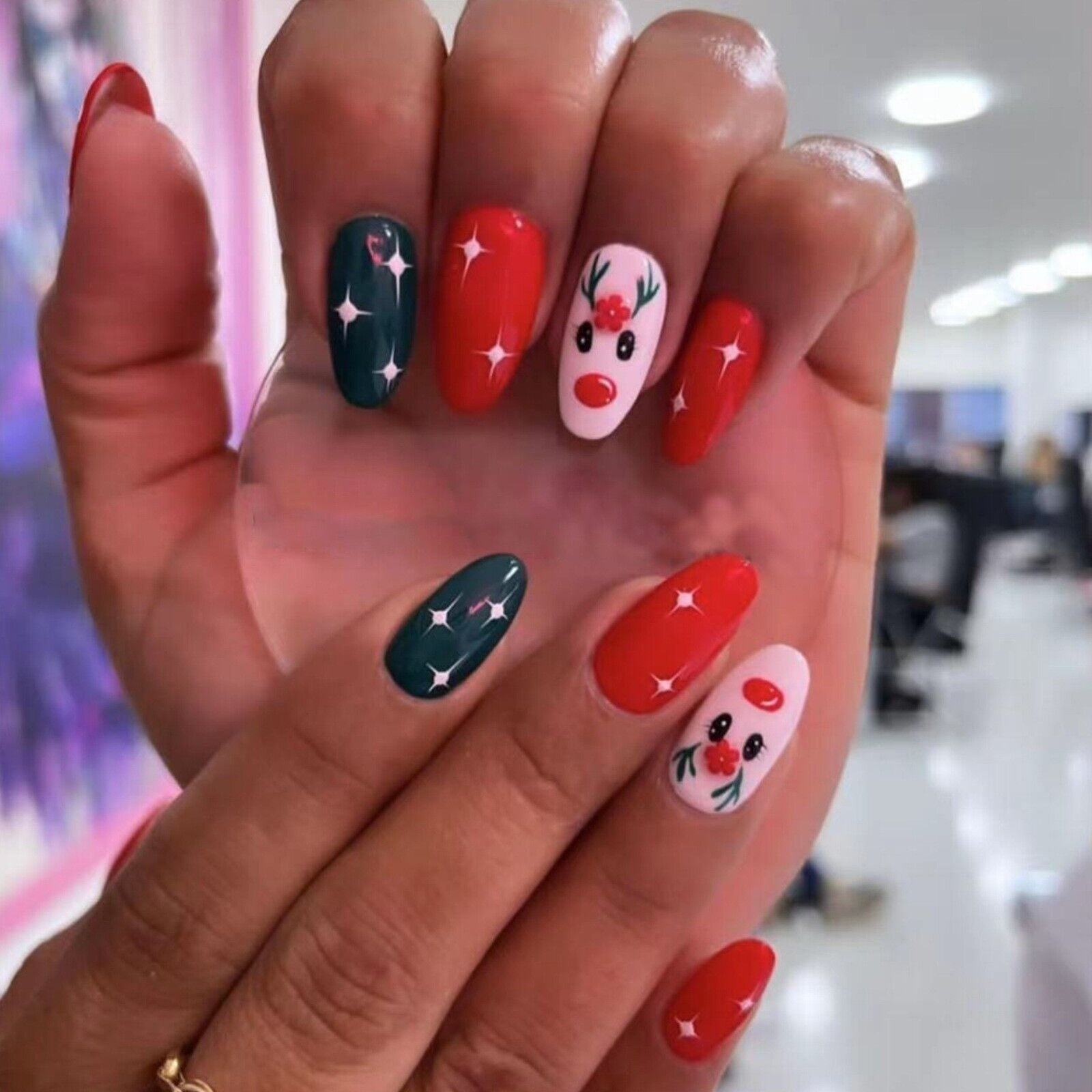 24pcs Christmas Cartoon Rudolph Flower False Nail Almond Press on Nails ...